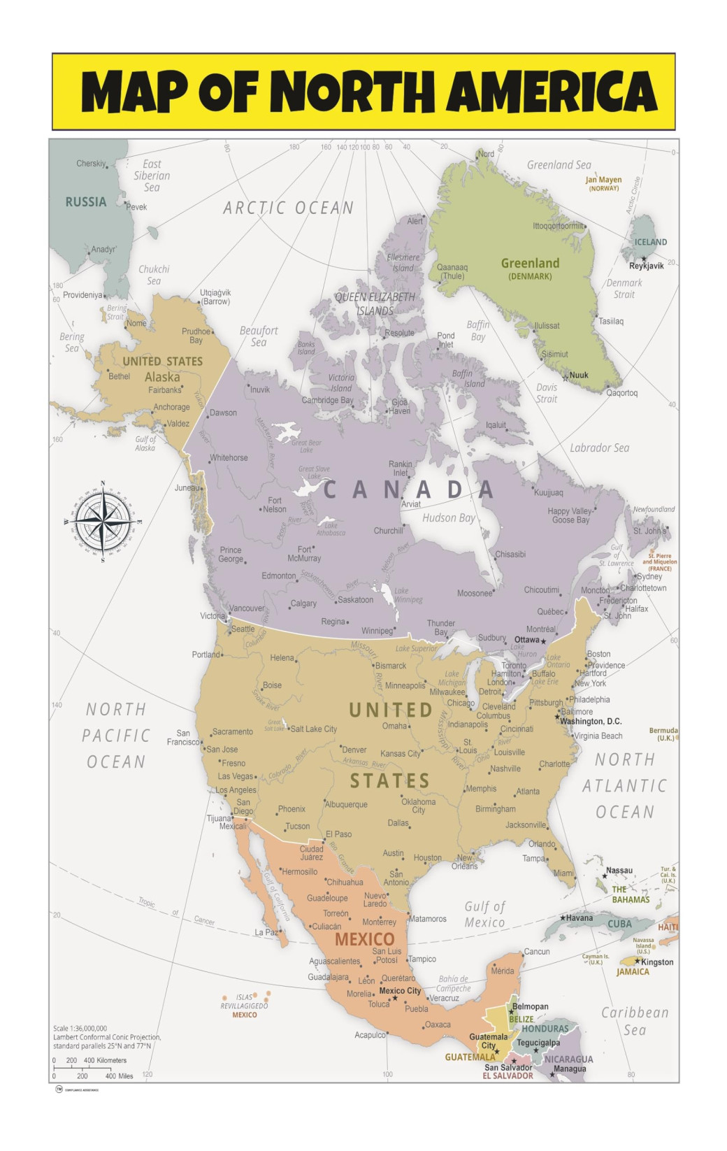 Map of North America - Laminated Wall Map Poster Print Perfect for ...