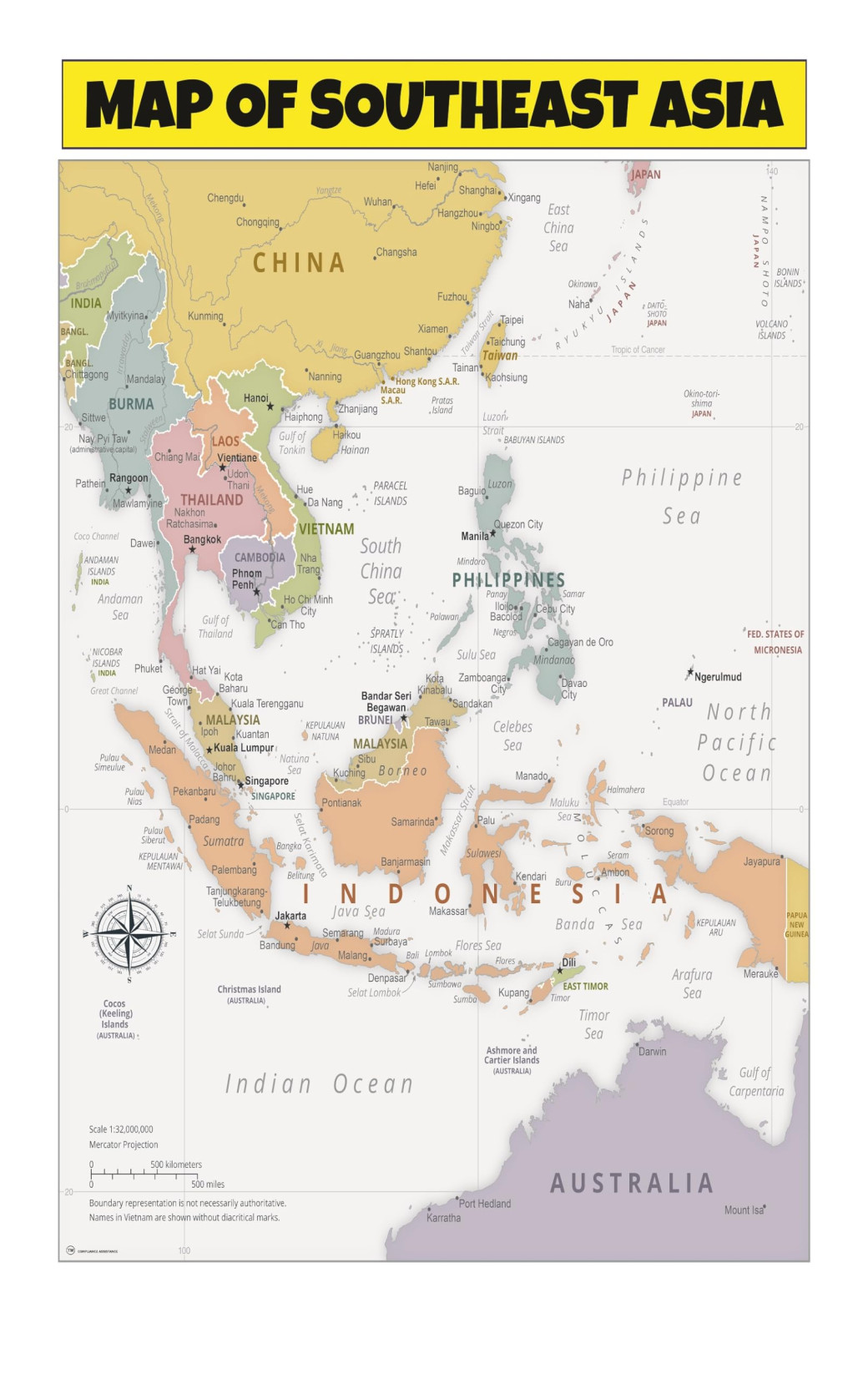Map of Southeast Asia - Laminated Wall Map Poster Print Perfect for ...