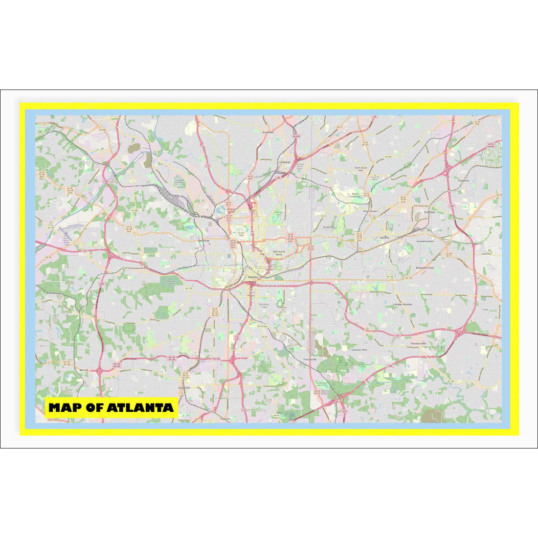 Map of Atlanta with Neighborhoods, Streets, Roads, Highways and Parks ...