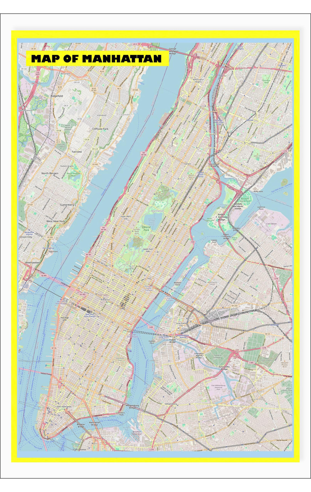 Map of Manhattan with Neighborhoods, Streets, Roads, Highways and Parks ...