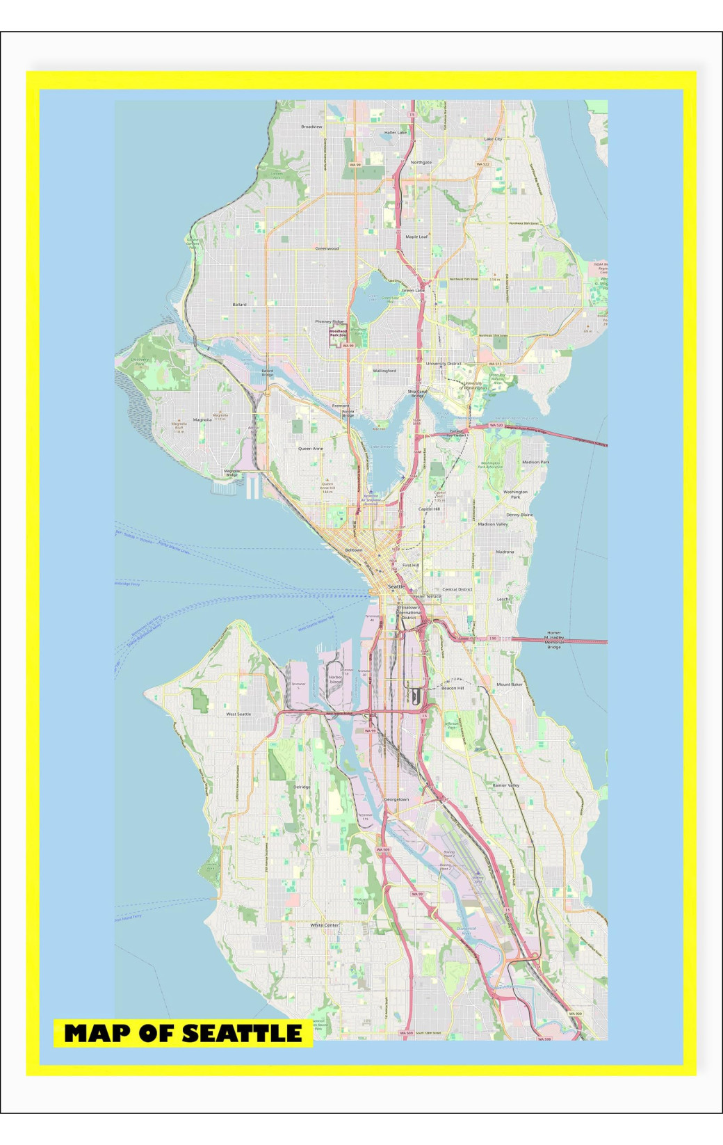 Map of Seattle with Neighborhoods, Streets, Roads, Highways and Parks ...