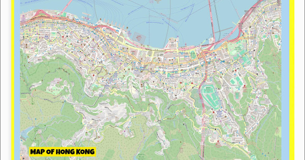 Map of Honk Kong with Neighborhoods, Streets, Roads, Highways and Parks ...