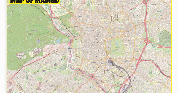 Map of Madrid with Neighborhoods, Streets, Roads, Highways and Parks ...