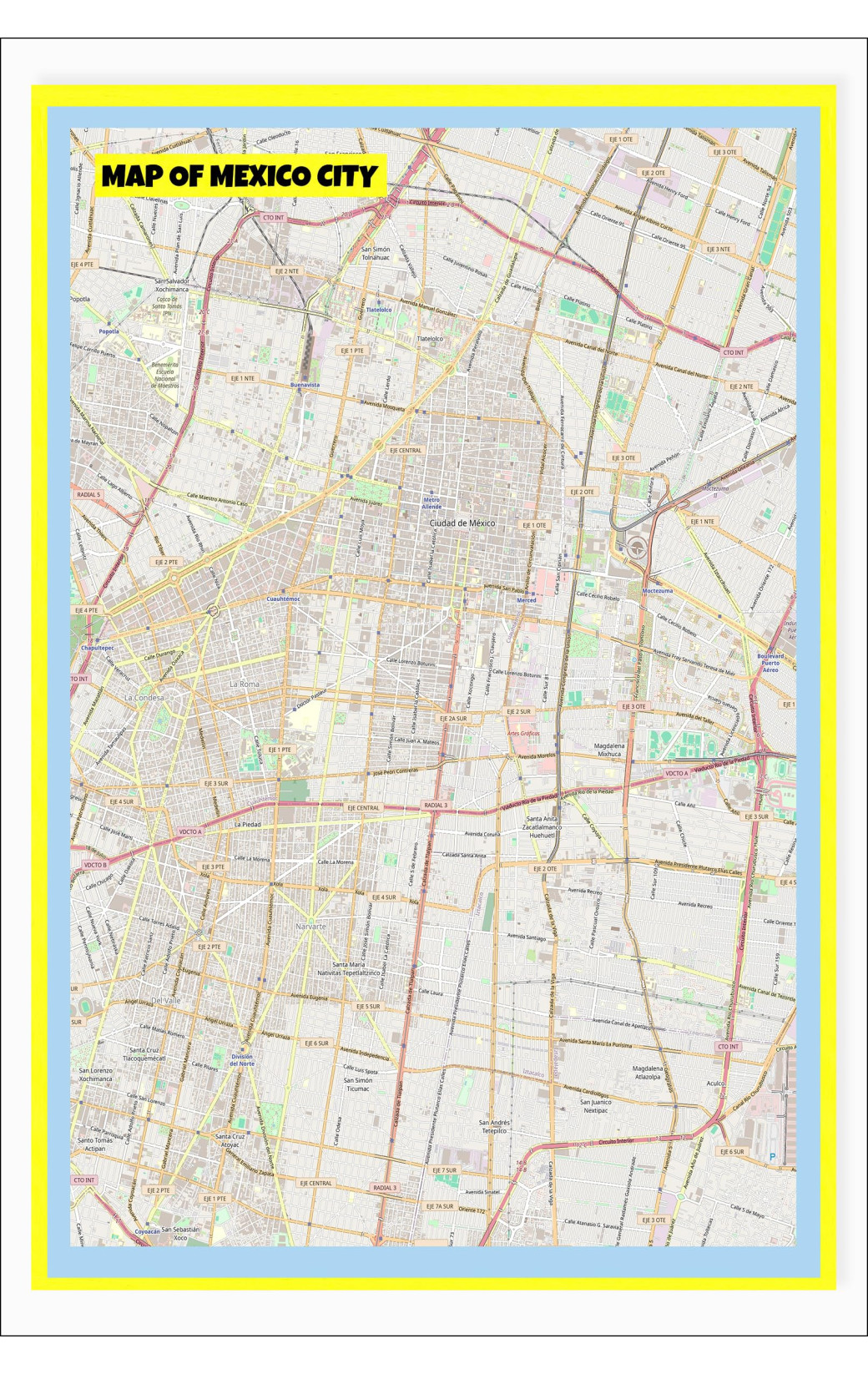 Map of Mexico City with Neighborhoods, Streets, Roads, Highways and Parks - Laminated Wall Map ...