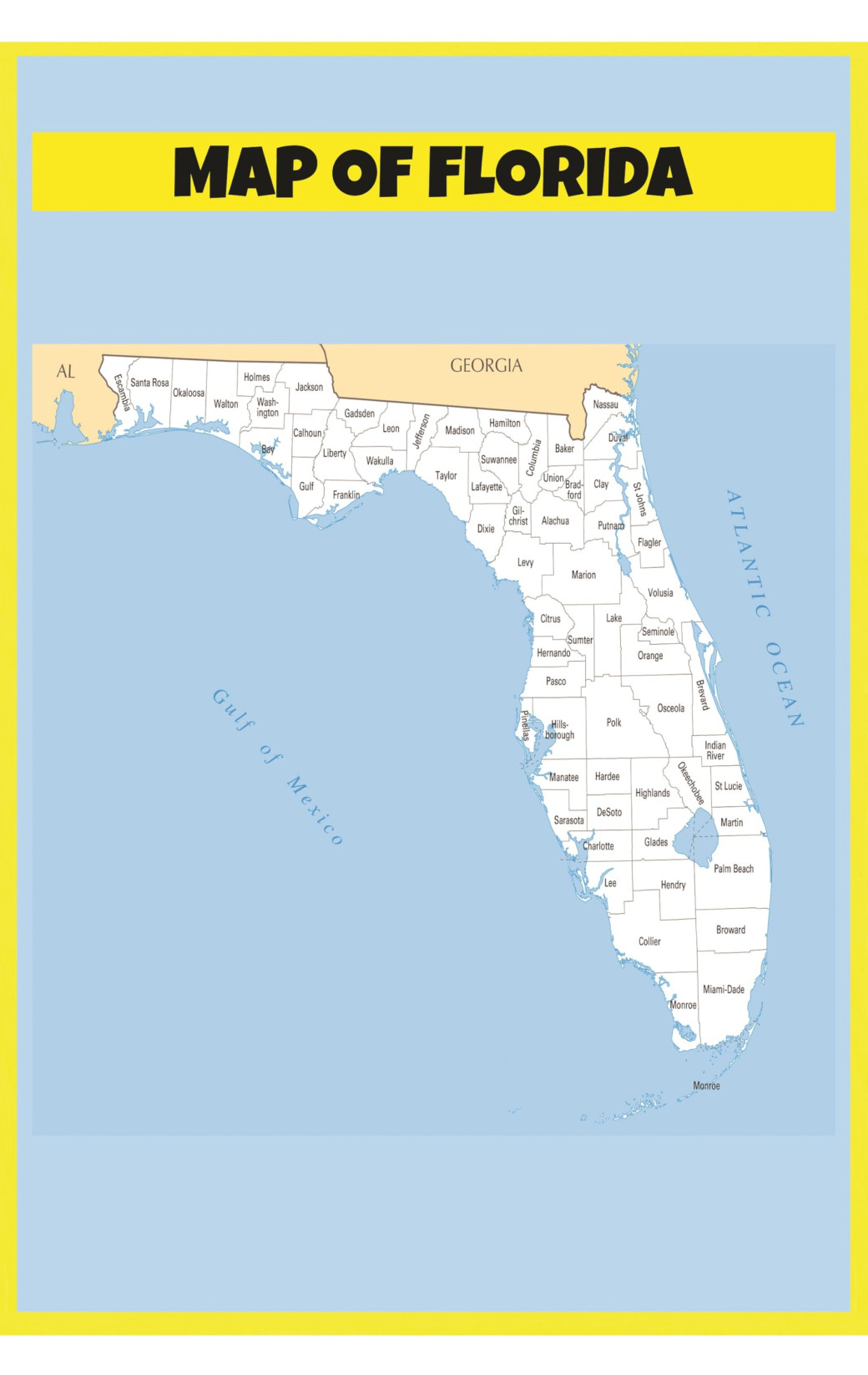 Map of Florida - Laminated Wall Map Poster Print Perfect for Classrooms ...