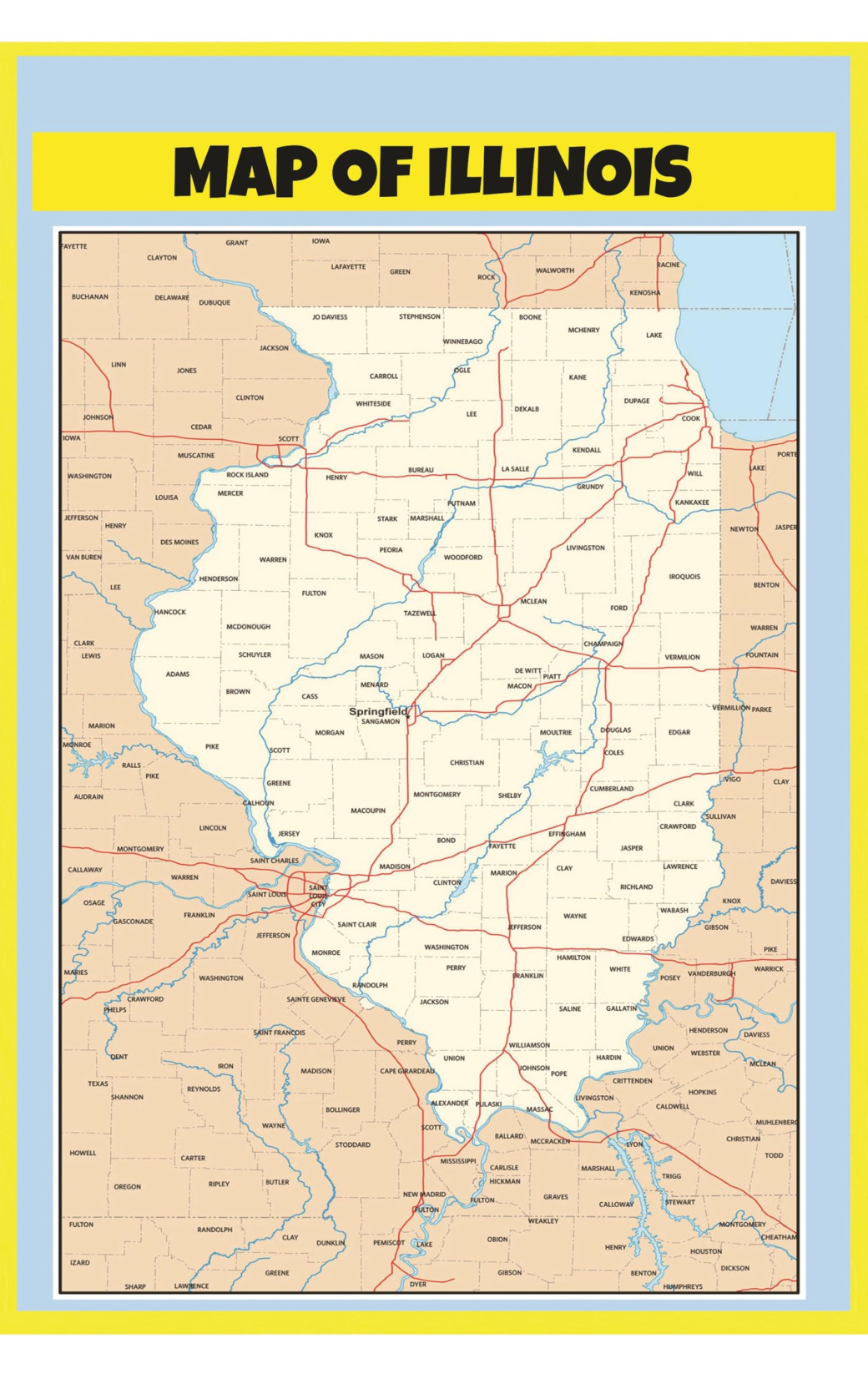 Map of Illinois Style B - Laminated Wall Map Poster Print Perfect for Classrooms and Homes ...