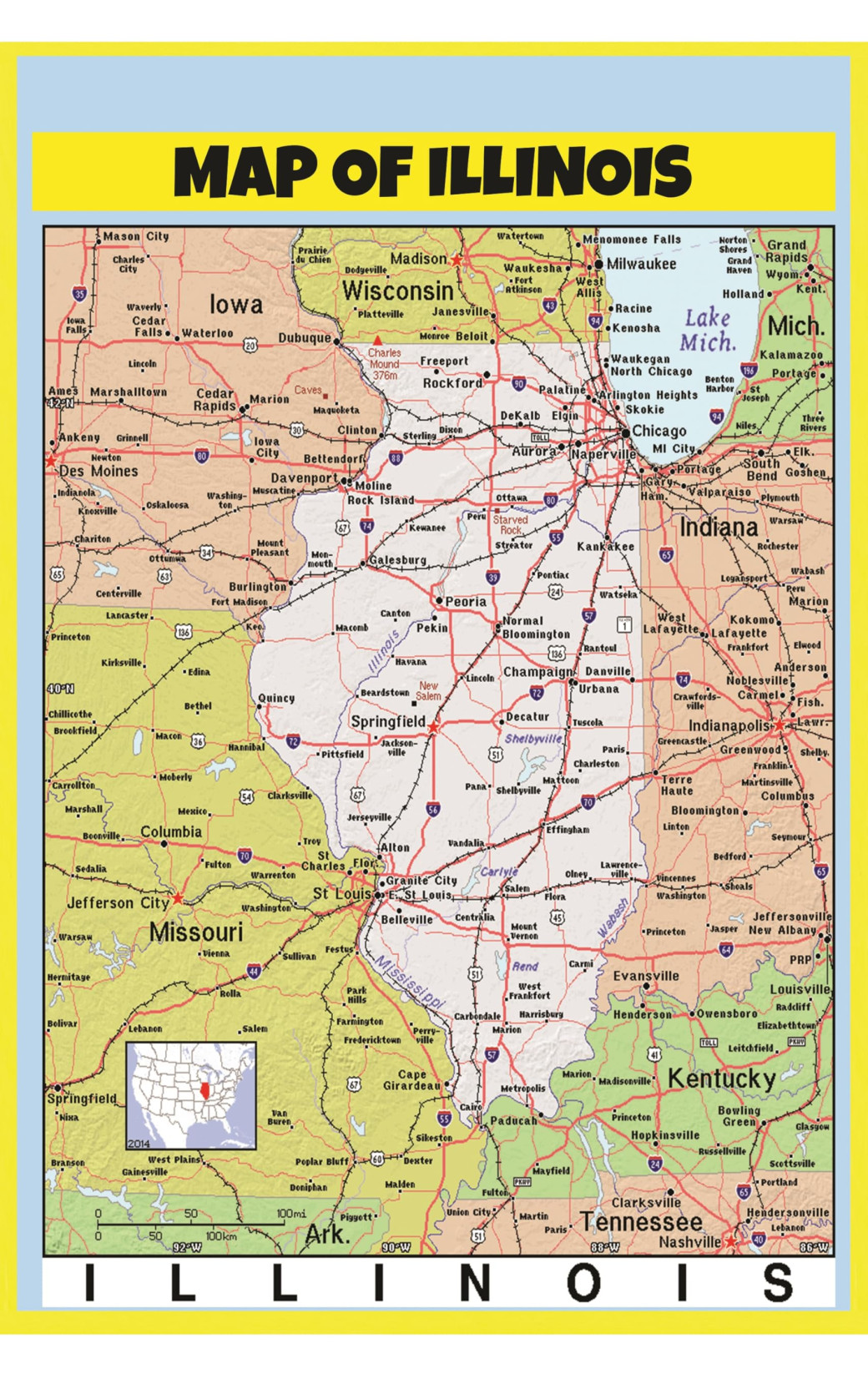 Map of Illinois Style C - Laminated Wall Map Poster Print Perfect for Classrooms and Homes ...