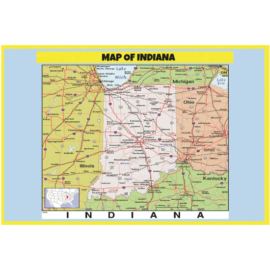 Map of Indiana Style C - Laminated Wall Map Poster Print Perfect for Classrooms and Homes ...