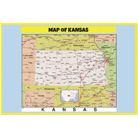 Map of Kansas Style C - Laminated Wall Map Poster Print Perfect for Classrooms and Homes - Vivid ...