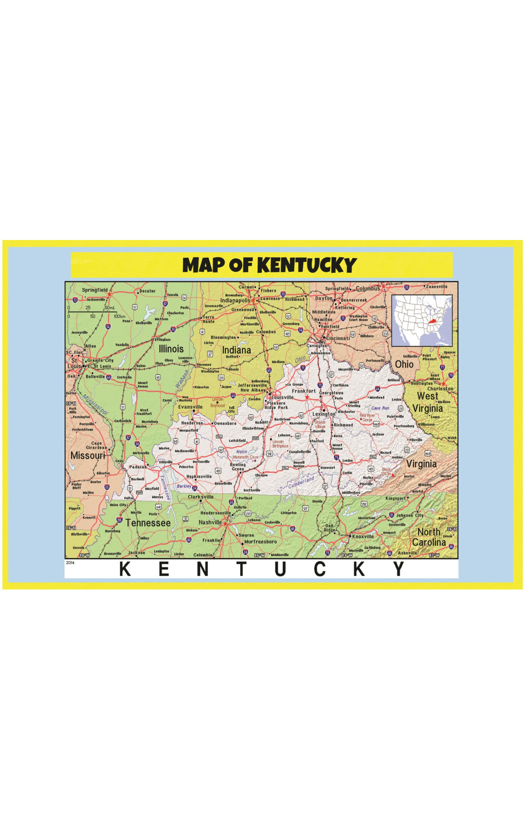 Map of Kentucky Style C - Laminated Wall Map Poster Print Perfect for Classrooms and Homes ...