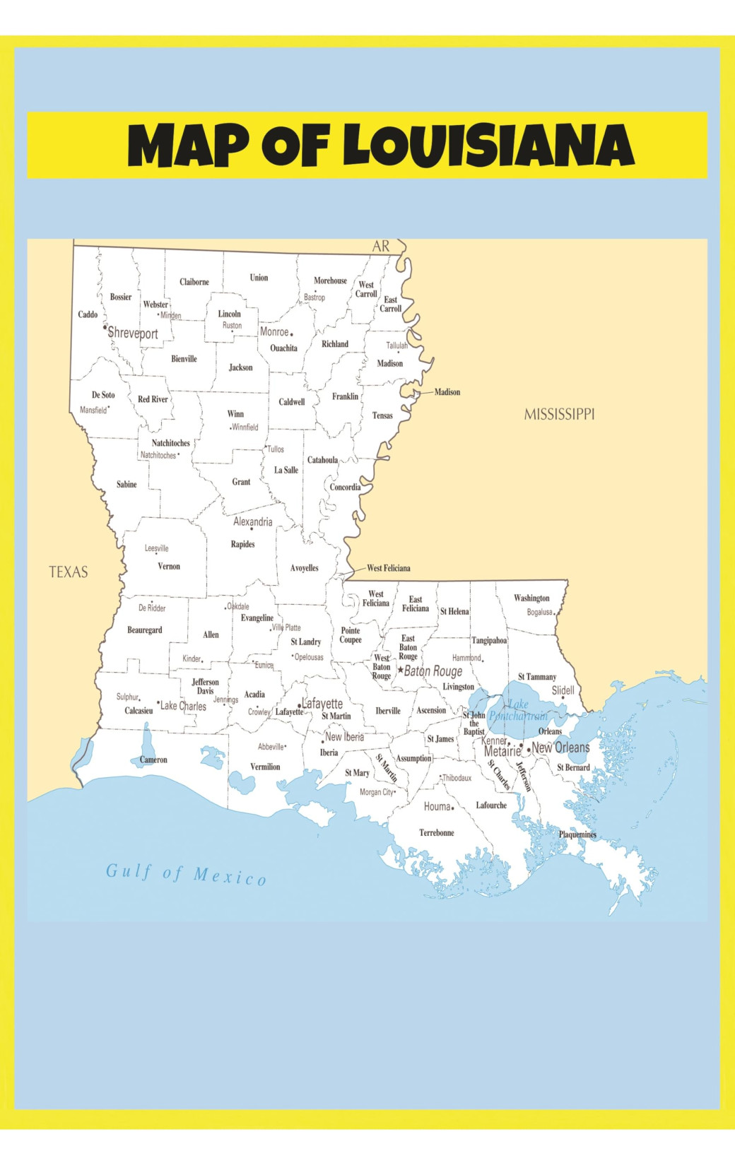 Map of Louisiana - Laminated Wall Map Poster Print Perfect for ...