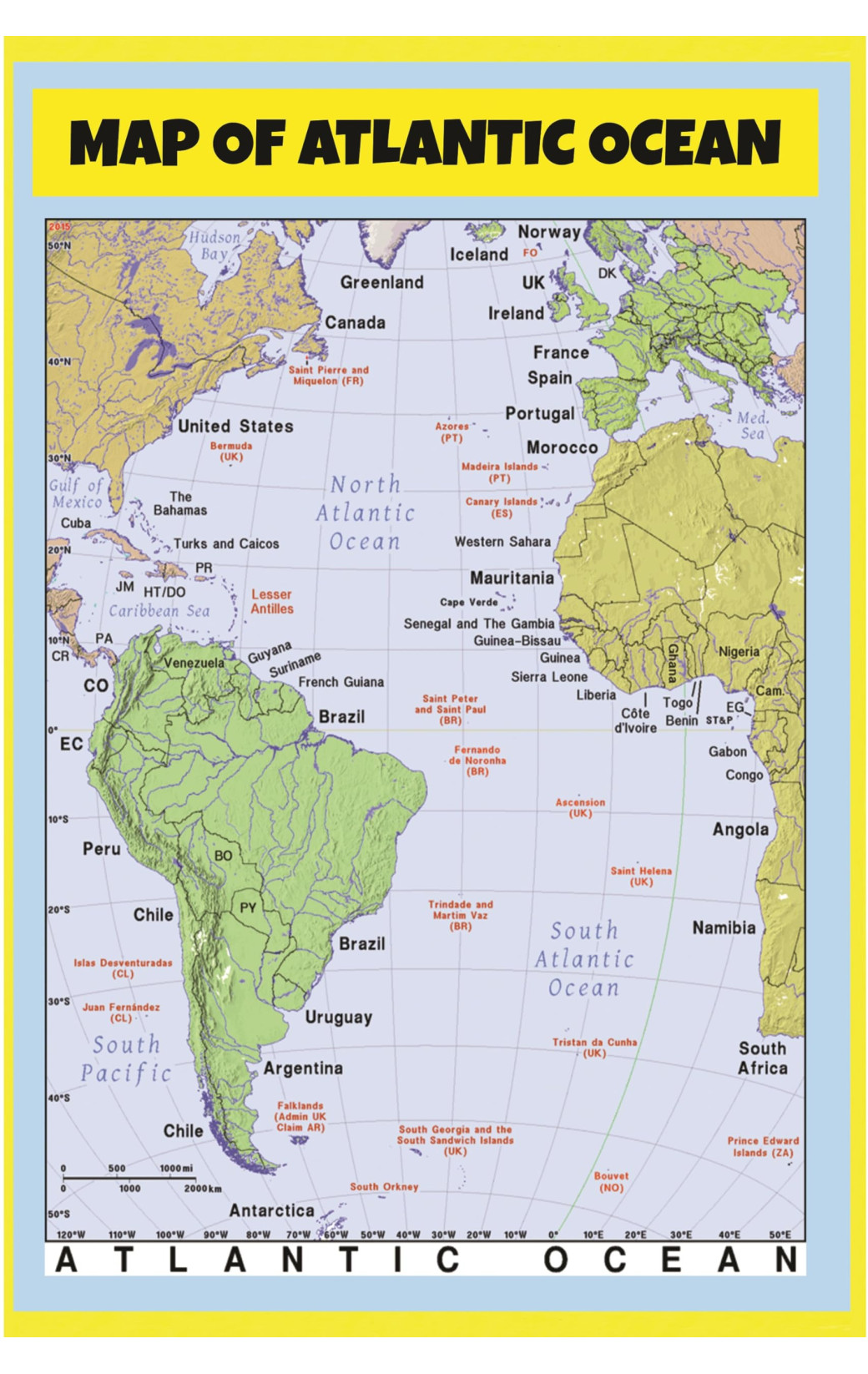 Map of Atlantic Ocean - Laminated Wall Map Poster Print Perfect for Classrooms and Homes - Vivid ...