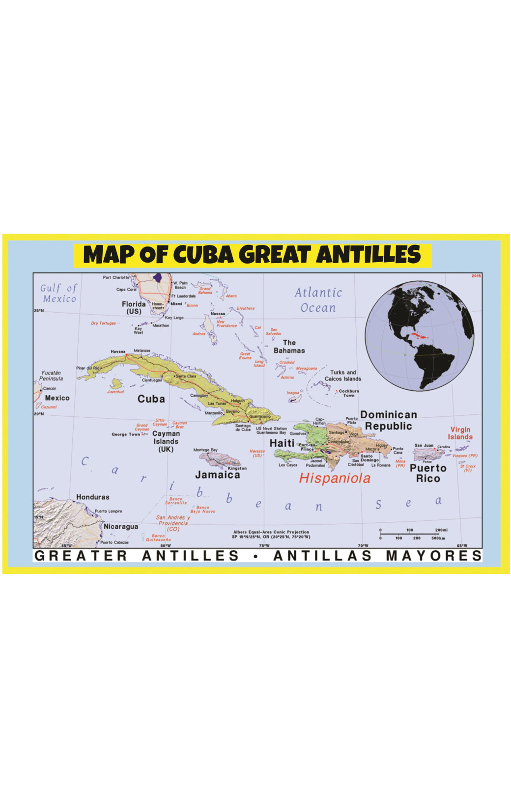 Map of Cuba Great Antilles - Laminated Wall Map Poster Print Perfect for Classrooms and Homes ...