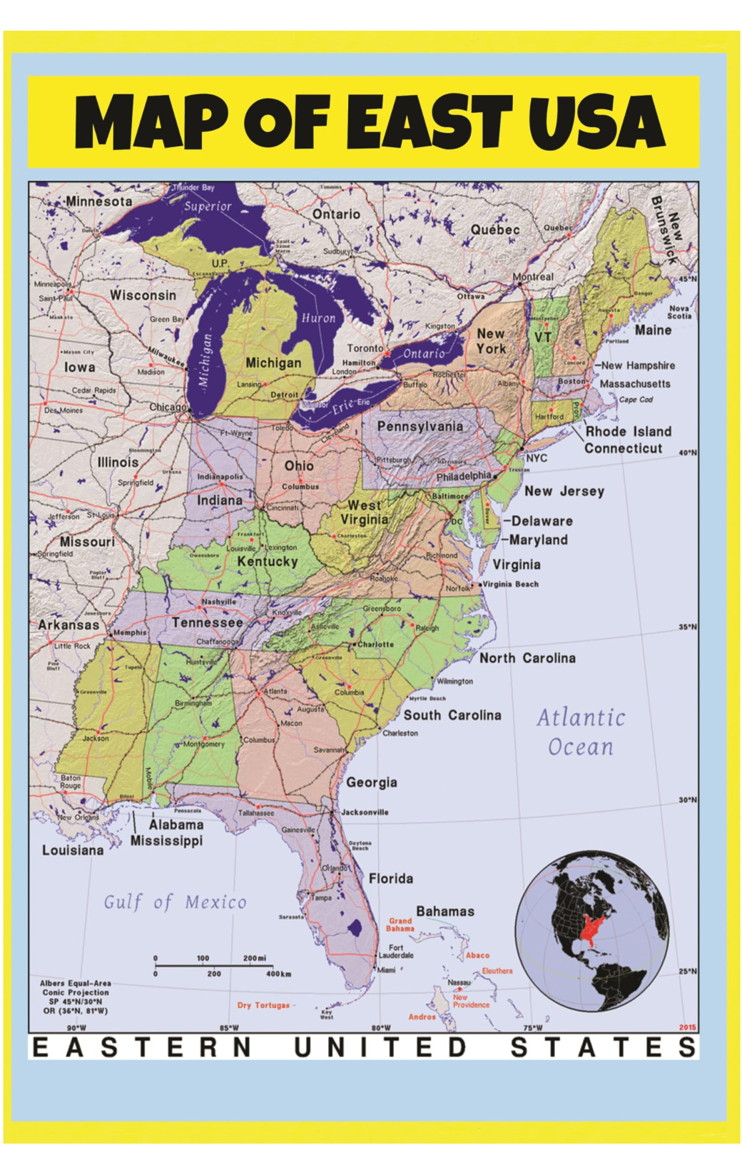Map of East USA - Laminated Wall Map Poster Print Perfect for ...