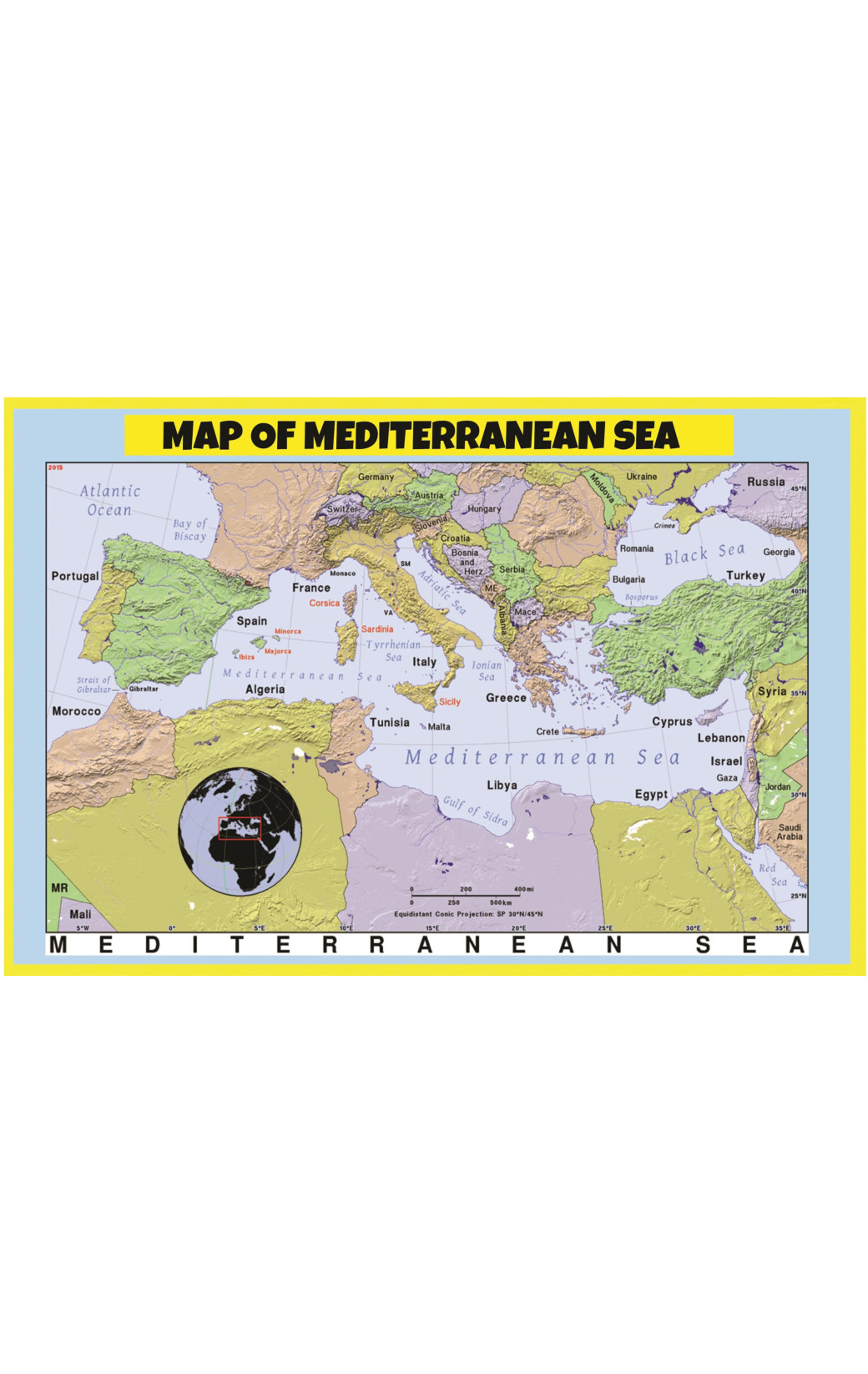Map of Mediterranean Sea - Laminated Wall Map Poster Print Perfect for ...