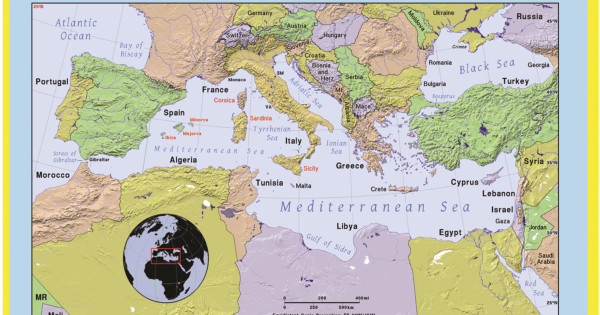 Map of Mediterranean Sea - Laminated Wall Map Poster Print Perfect for ...