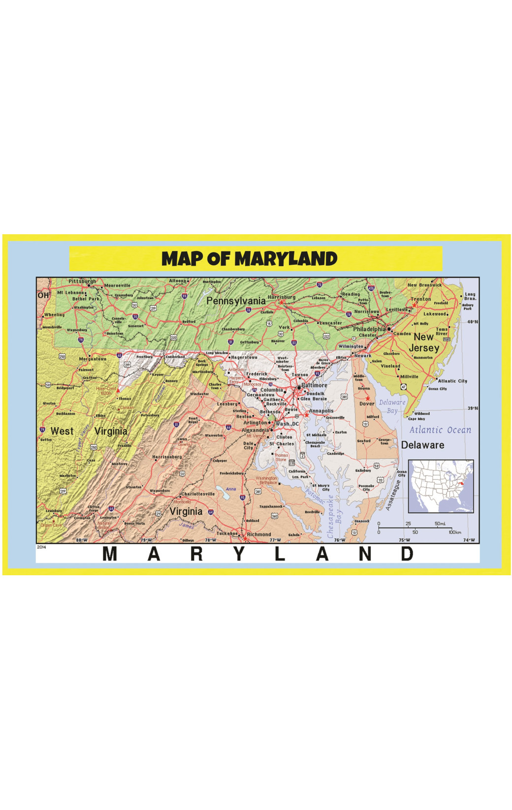 Map of Maryland Style C - Laminated Wall Map Poster Print Perfect for Classrooms and Homes ...