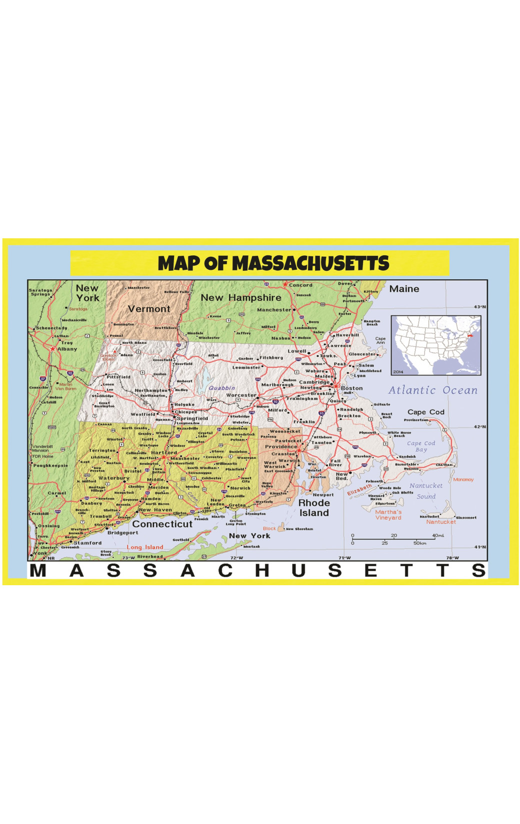 Map of Massachusetts Style 2 - Laminated Wall Map Poster Print Perfect for Classrooms and Homes ...