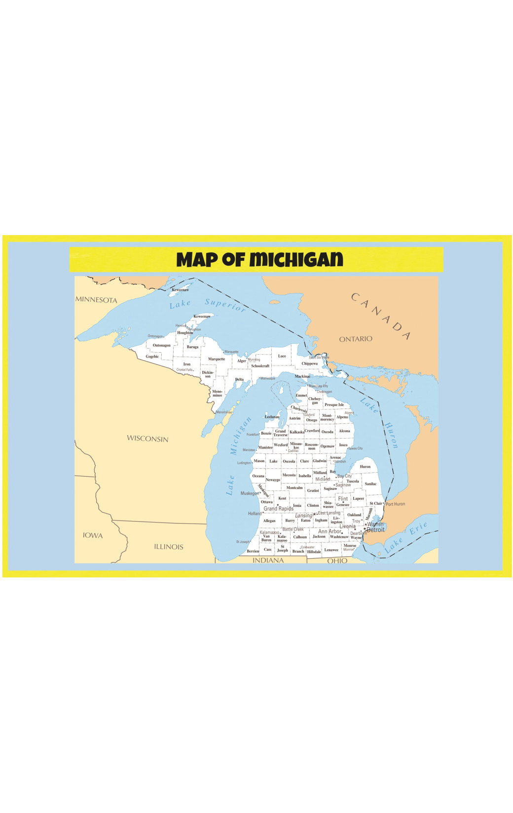 Map of Michigan - Laminated Wall Map Poster Print Perfect for Classrooms and Homes - Vivid ...