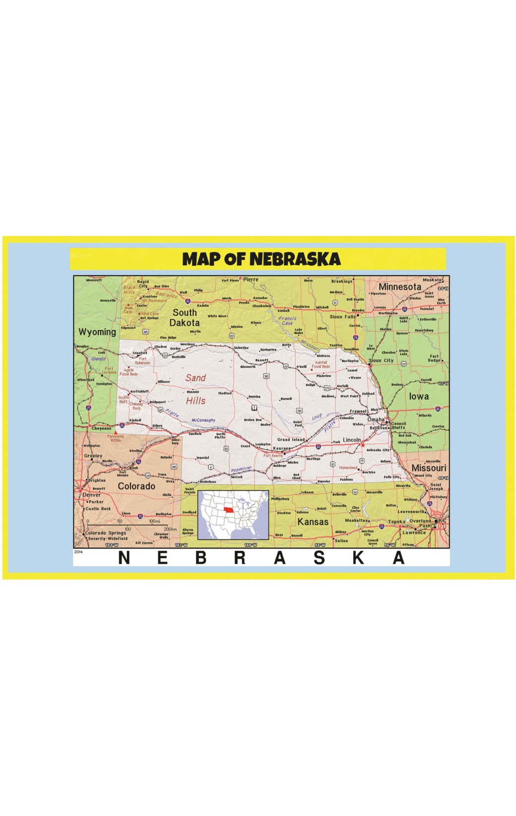 Map of Nebraska Style C - Laminated Wall Map Poster Print Perfect for Classrooms and Homes ...