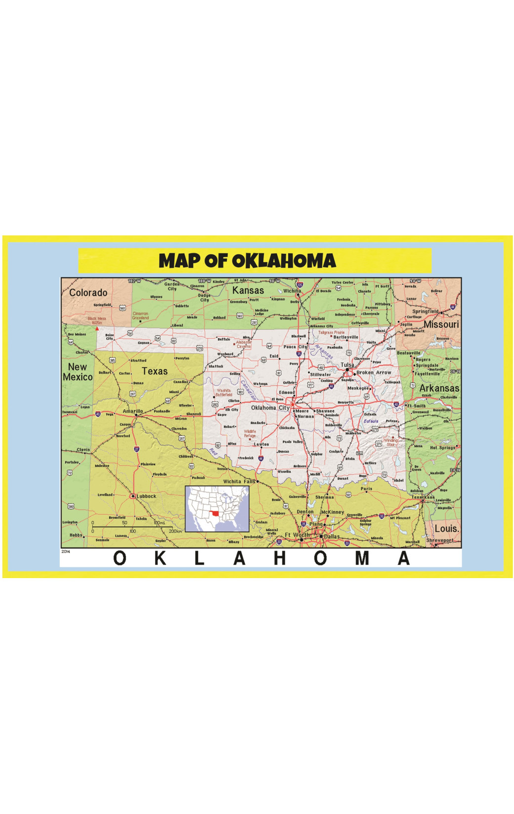 Map of Oklahoma Style C - Laminated Wall Map Poster Print Perfect for ...