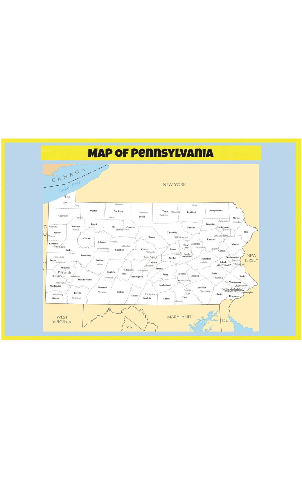 Map of Pennsylvania - Laminated Wall Map Poster Print Perfect for ...