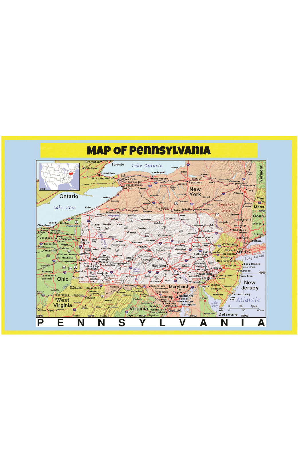 Map of Pennsylvania Style C - Laminated Wall MAp Poster Print Perfect for Classrooms and Homes ...