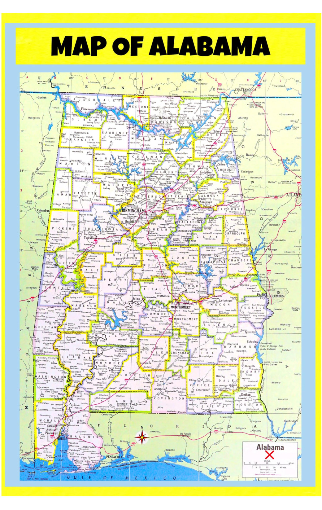 Map of Alabama - Laminated Wall Map Poster Print Perfect for Classrooms ...