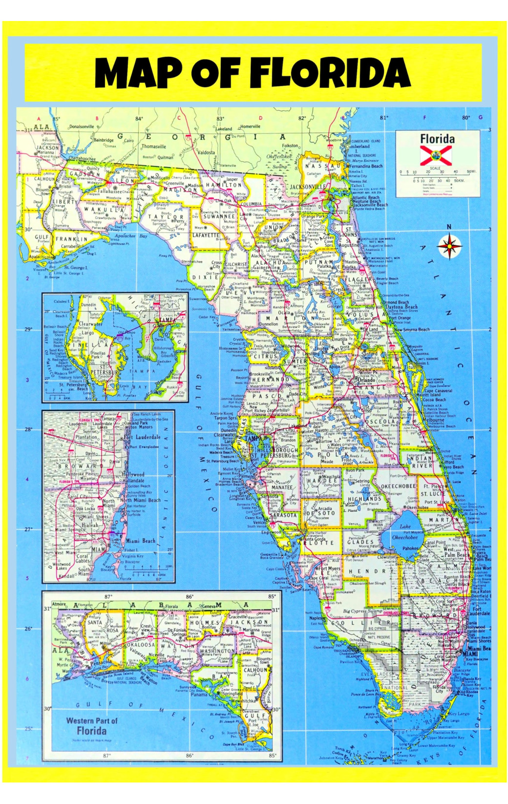 Map of Florida Style E - Laminated Wall Map Poster Print Perfect for ...
