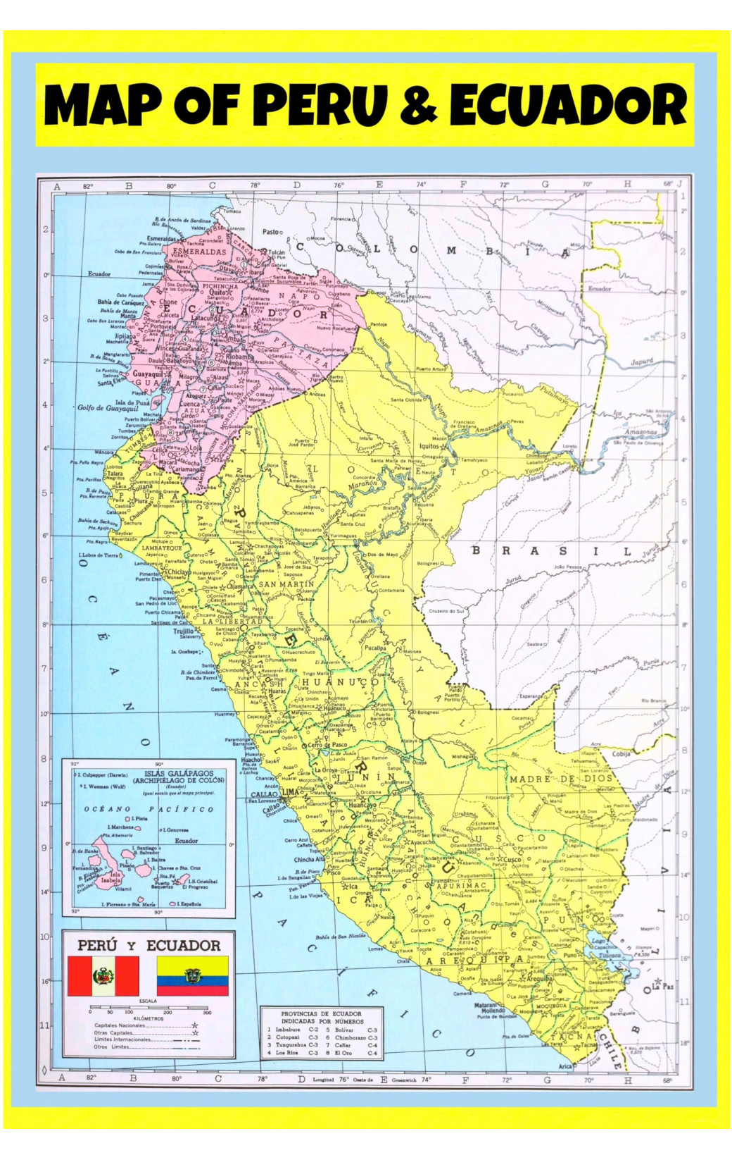 Map of Peru and Ecuador - Laminated Wall Map Poster Print Perfect for ...