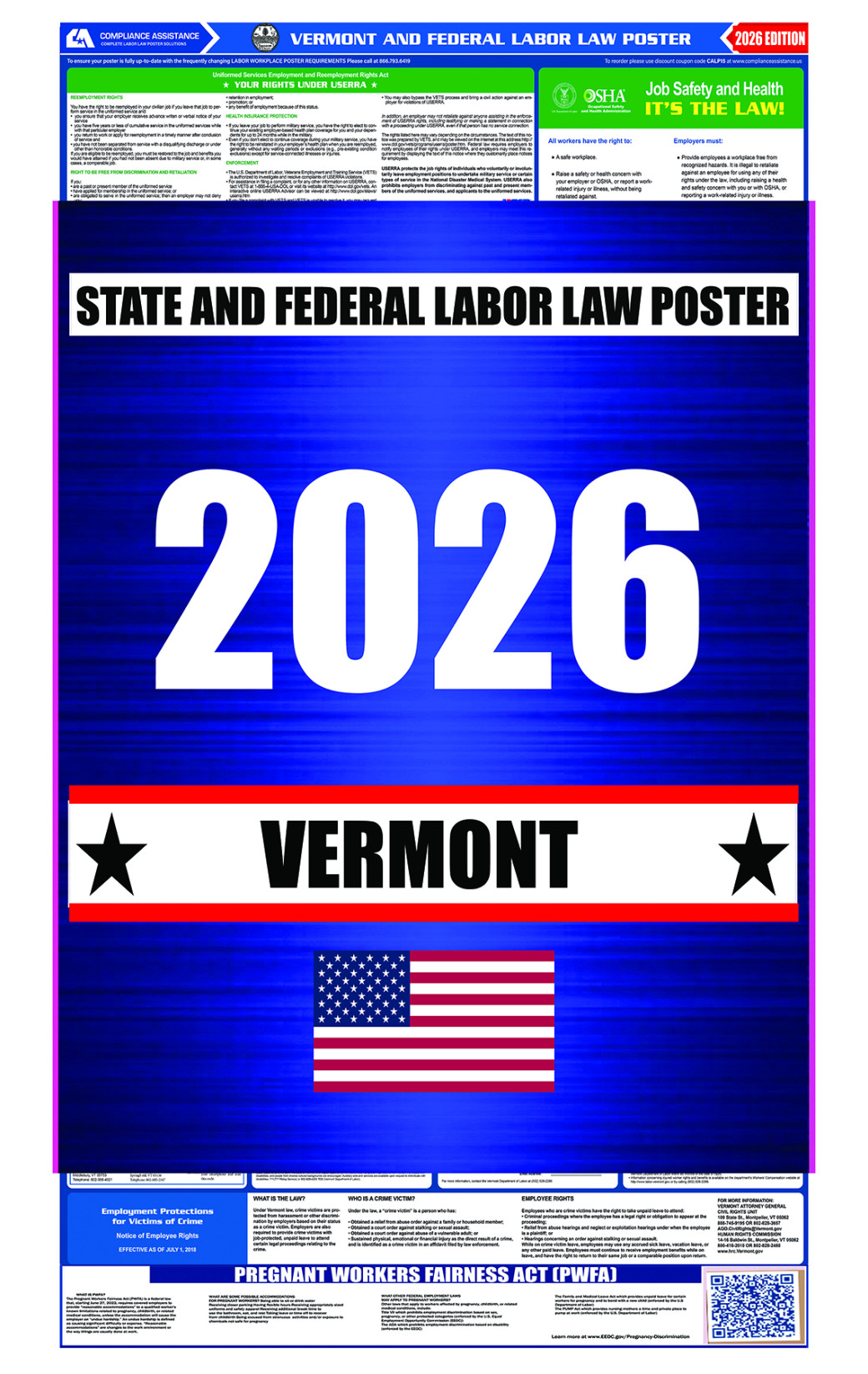 Vermont Labor Law Poster 2026 - All-In-One State/Federal